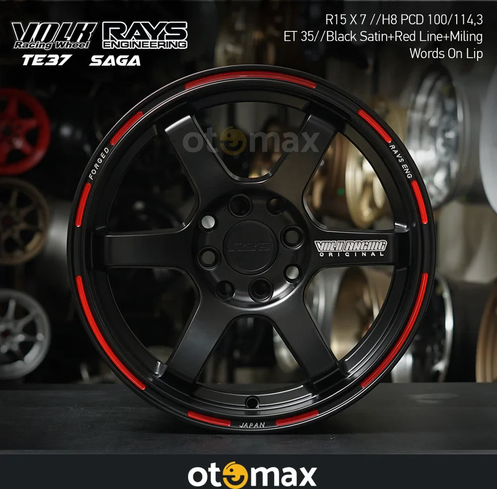 Velg Mobil Volk Rays TE37 Saga Ring 15 Black Satin Red line Mill Words ...